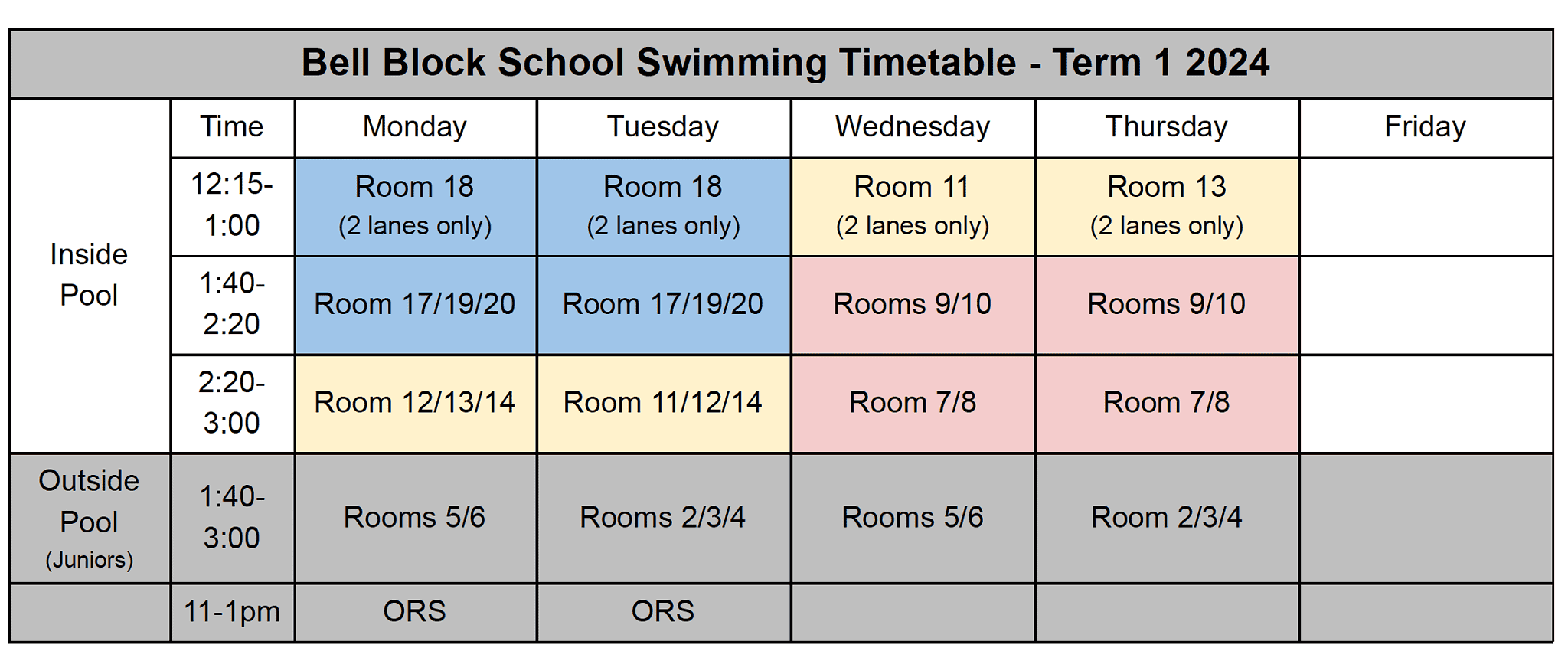 SWIMMING TIMETABLE TERM 1 2024 | Bell Block School